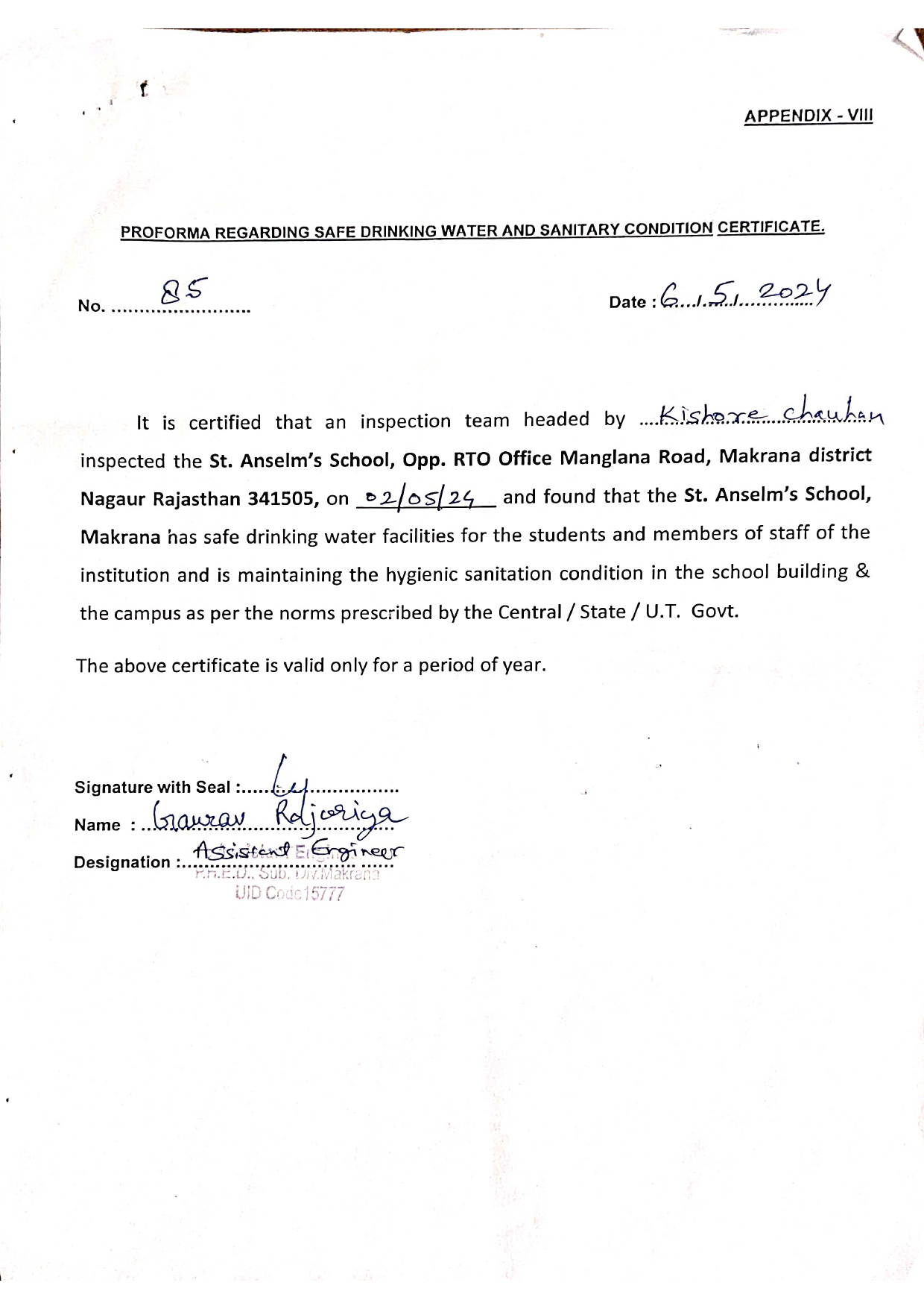 Drinking Water Certificate - Welcome To St. Anselm's School